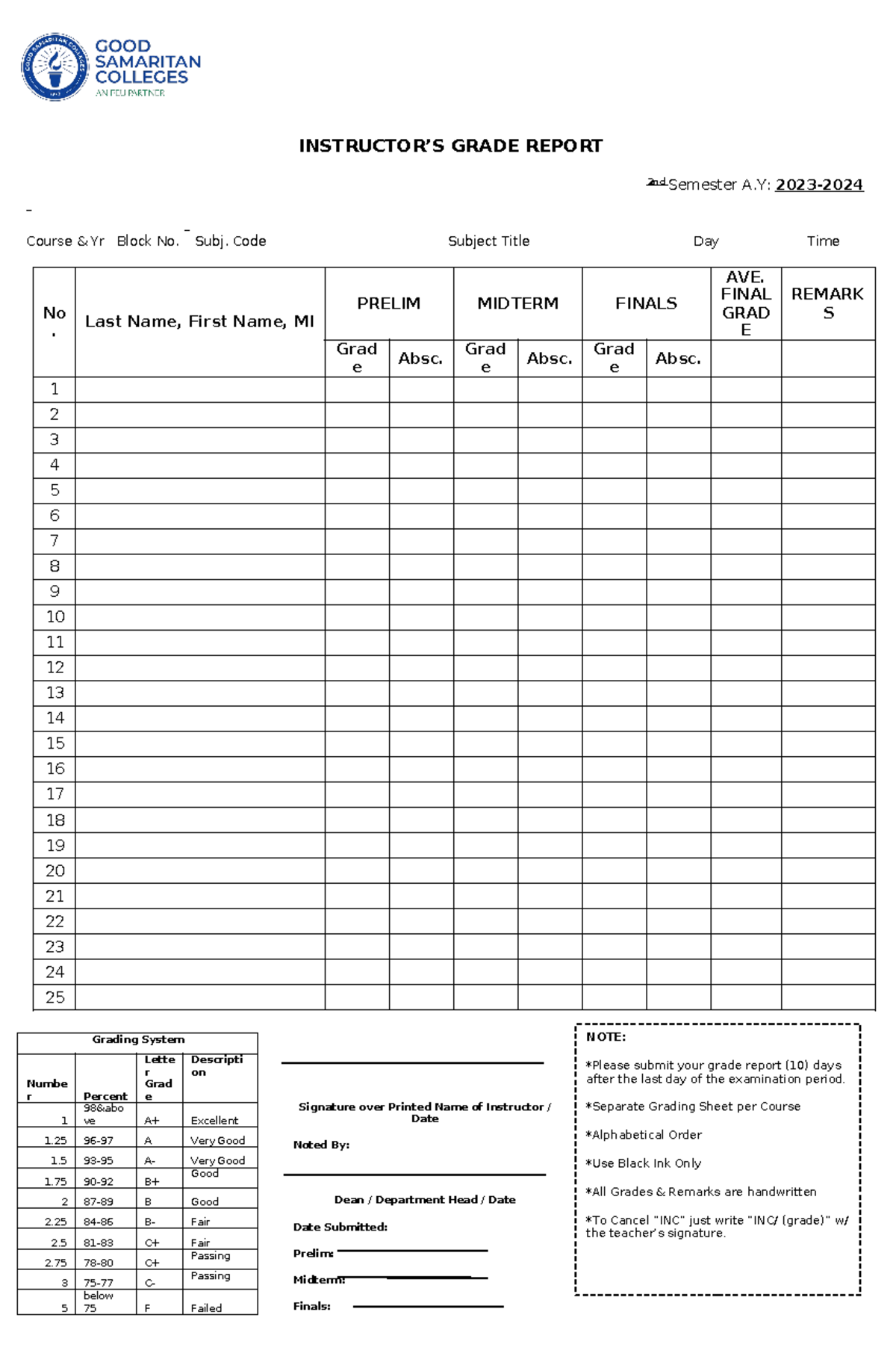 INSTRUCTOR GRADE REPORT TEMPLATE A.Y. 2023 - GRADING SHEET - Studocu