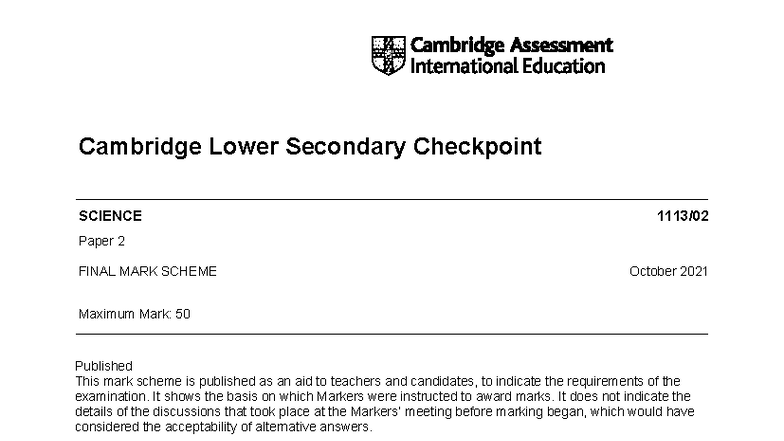 Cambridge Lower Secondary Checkpoint SCIENCE Paper 2 Mark Scheme - Oct ...