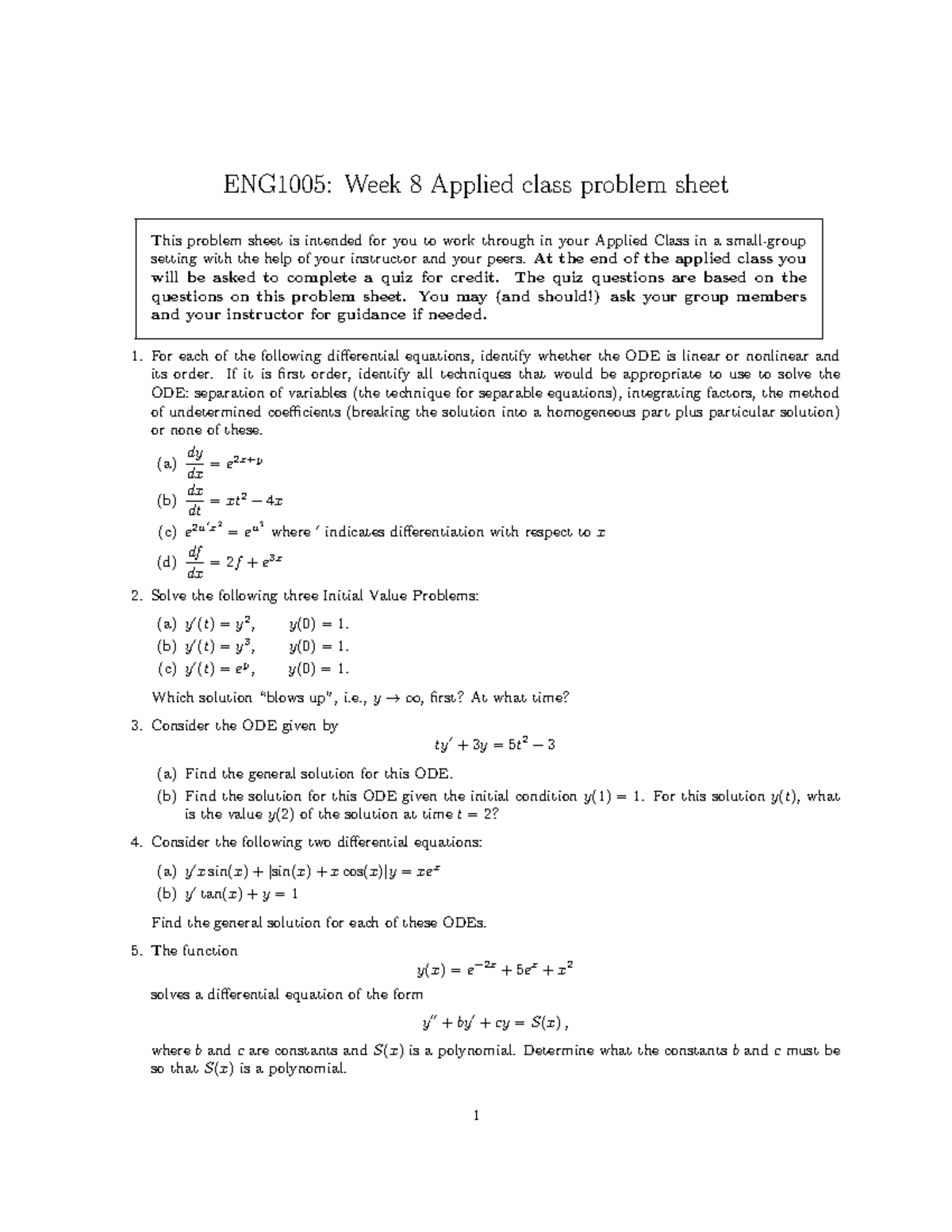 Ordinary differential equations I (problem sheet) - ENG1005: Week 8 ...