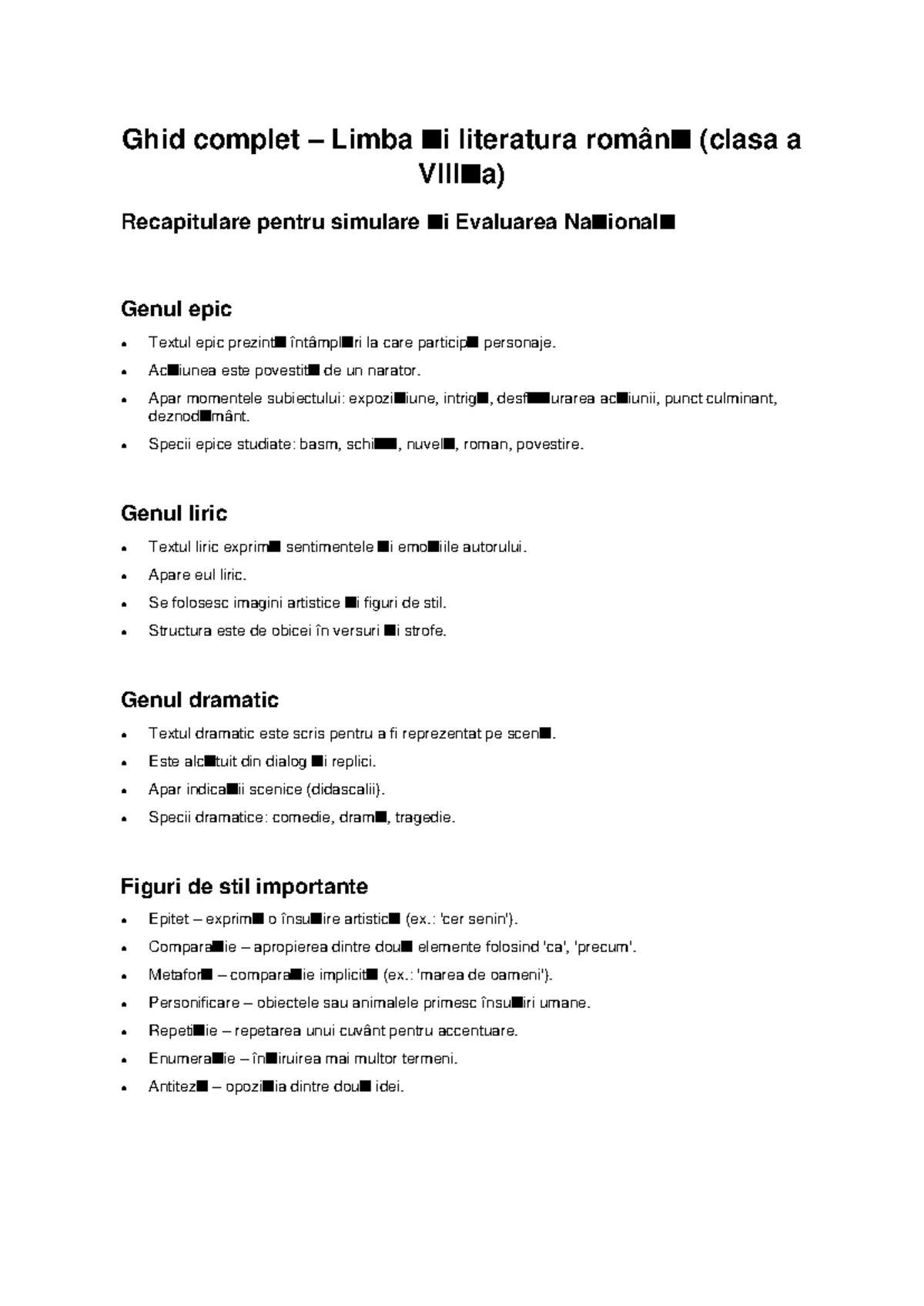 Ghid complet Română Clasa 8 - Recapitulare Evaluare Genuri Literare ...