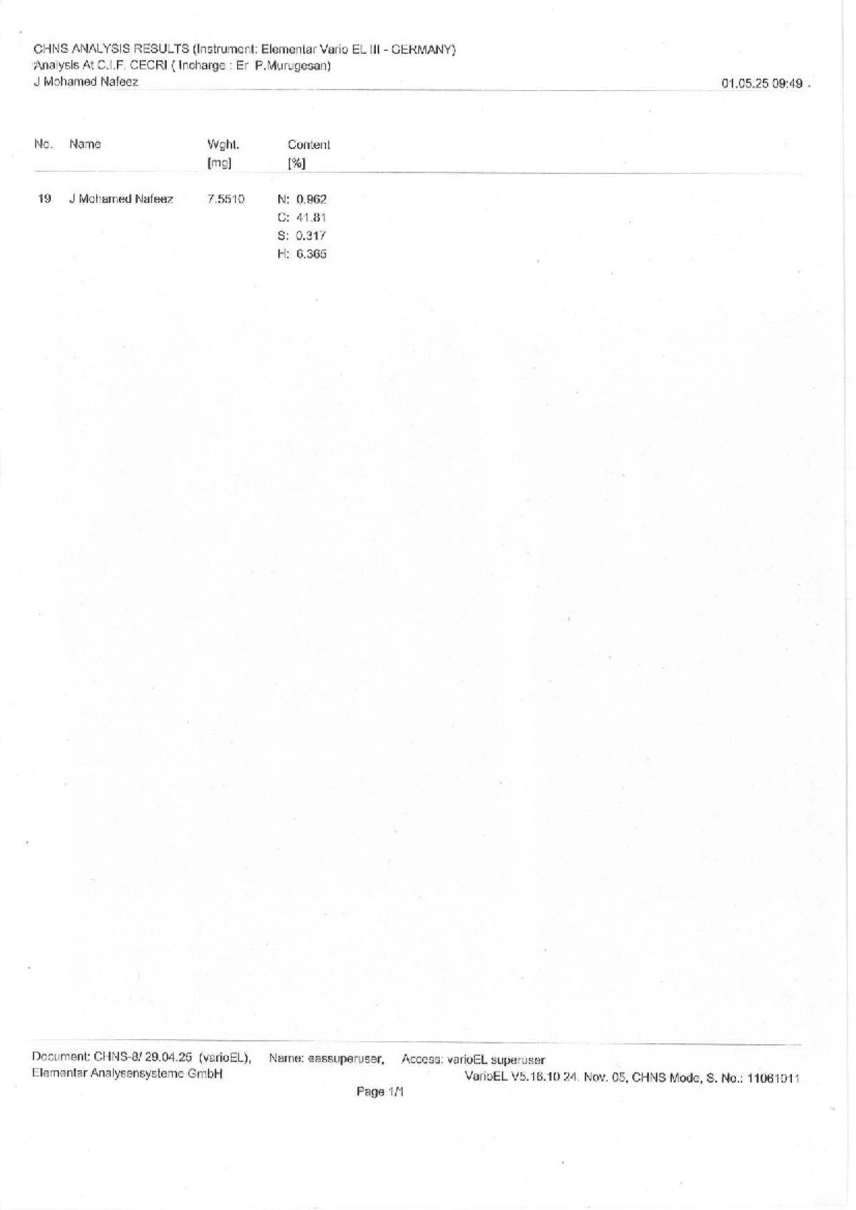 CHNS Analysis Results - Elementar Vario EL III (C.I.F. CECRI) - Studocu
