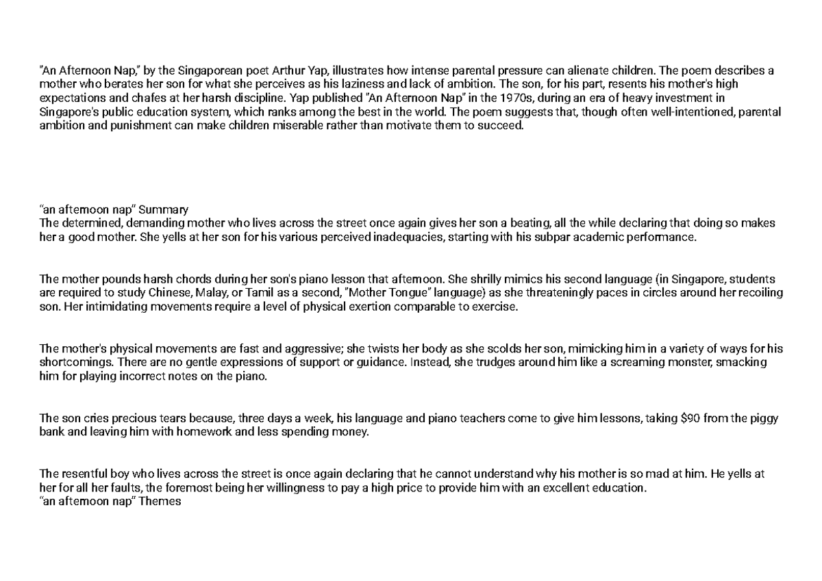 "ENG 101: Analysis of Arthur Yap's 'An Afternoon Nap' Poem" - Studocu