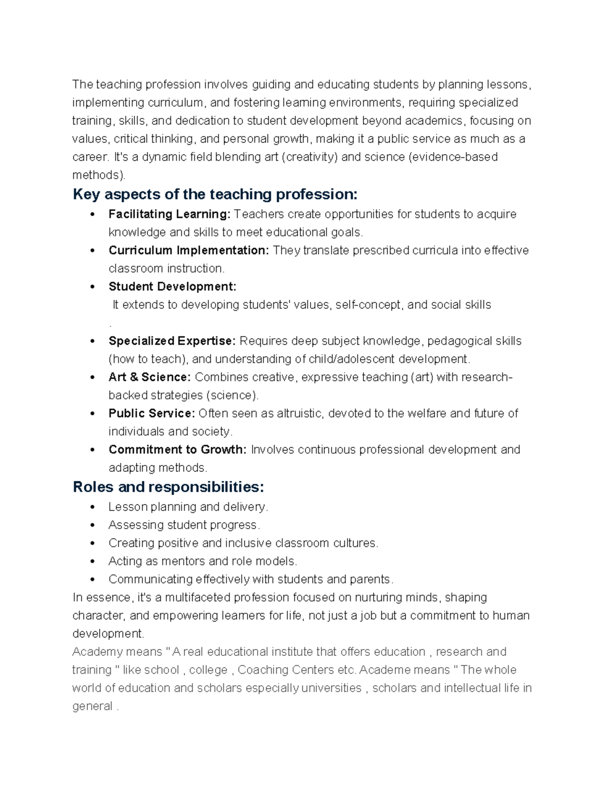 Teaching Profession Overview: Roles, Responsibilities, and Impact - Studocu
