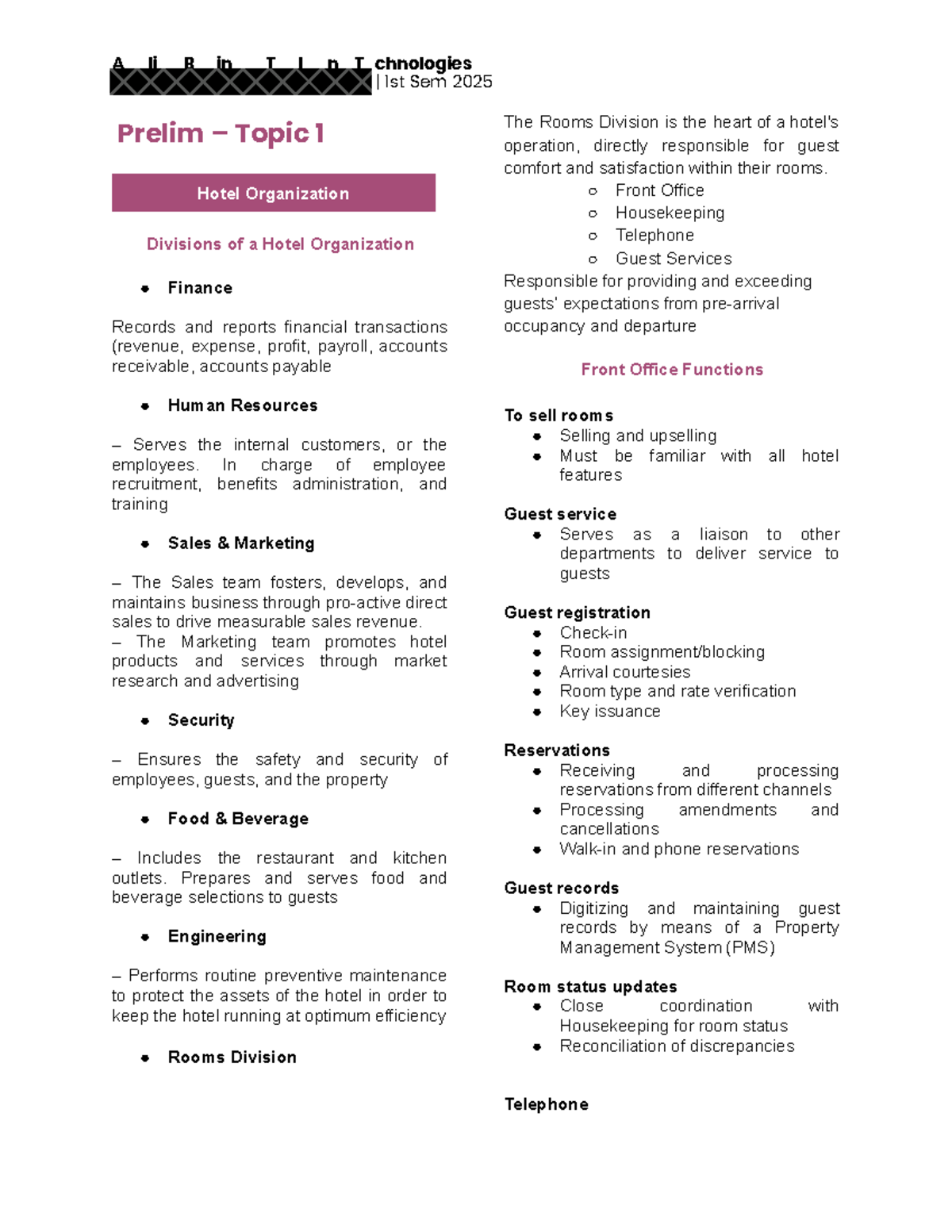 ABT 101: 1st Sem 2025 Prelim - Hotel Organization & OPERA Cloud ...