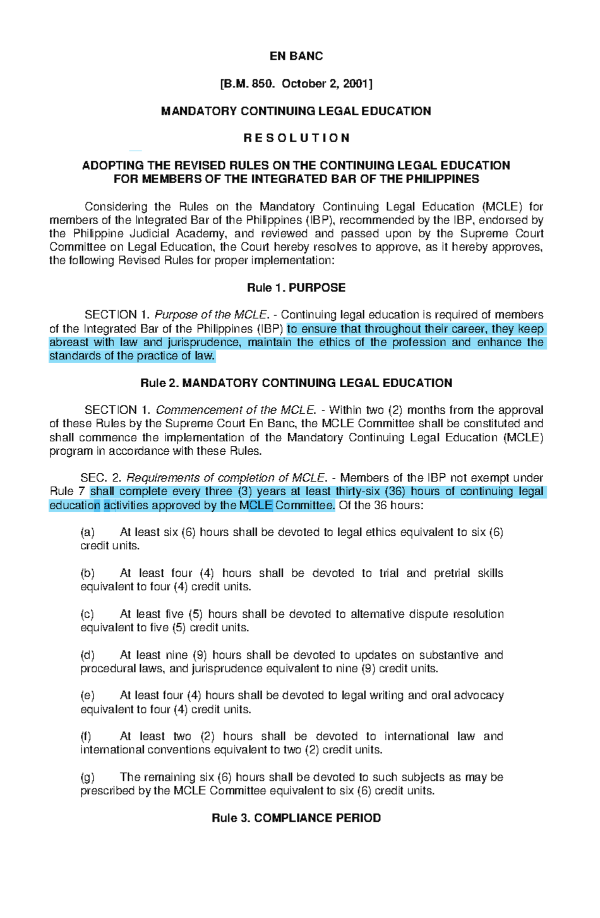 MCLE B.M. 850 - law - EN BANC [B. 850. October 2, 2001] MANDATORY ...
