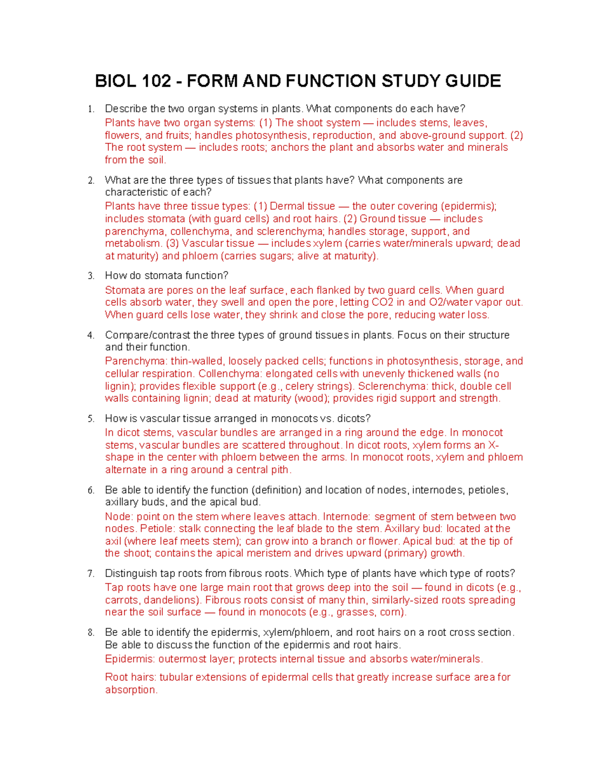 BIOL 102 - Form and Function Study Guide - Studocu
