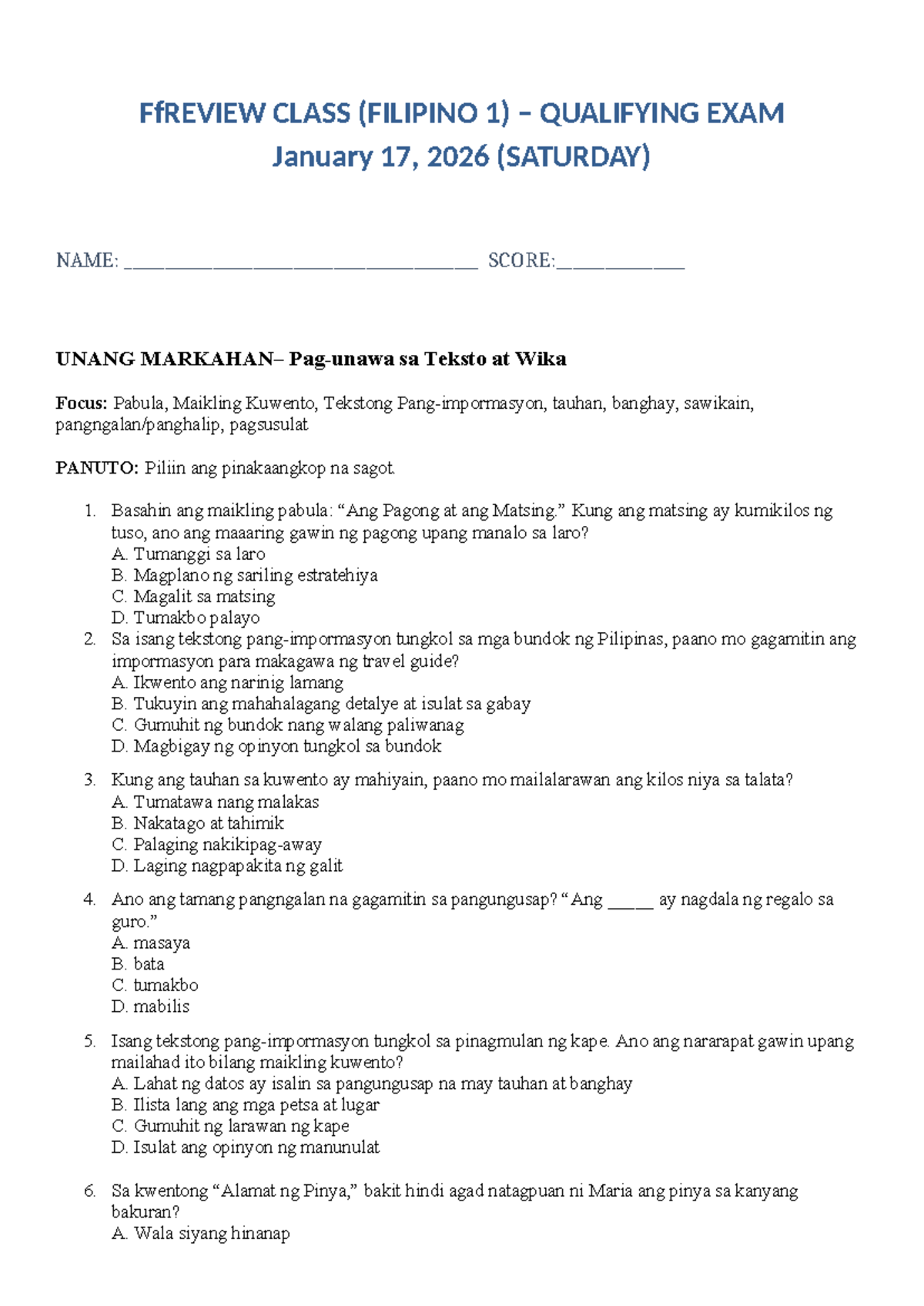 Review Class (FILIPINO 1) Qualifying Exam Guide - Studocu