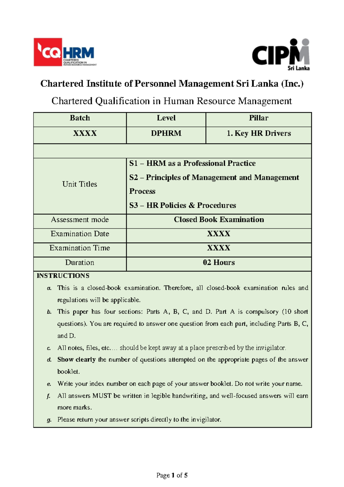 DPHRM 1: Key HR Drivers - Examination Model Paper - Studocu