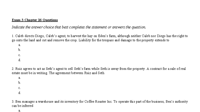 Exam 3 Questions for Chapter 26 in Business Law Course - Exam 3 Chapter ...