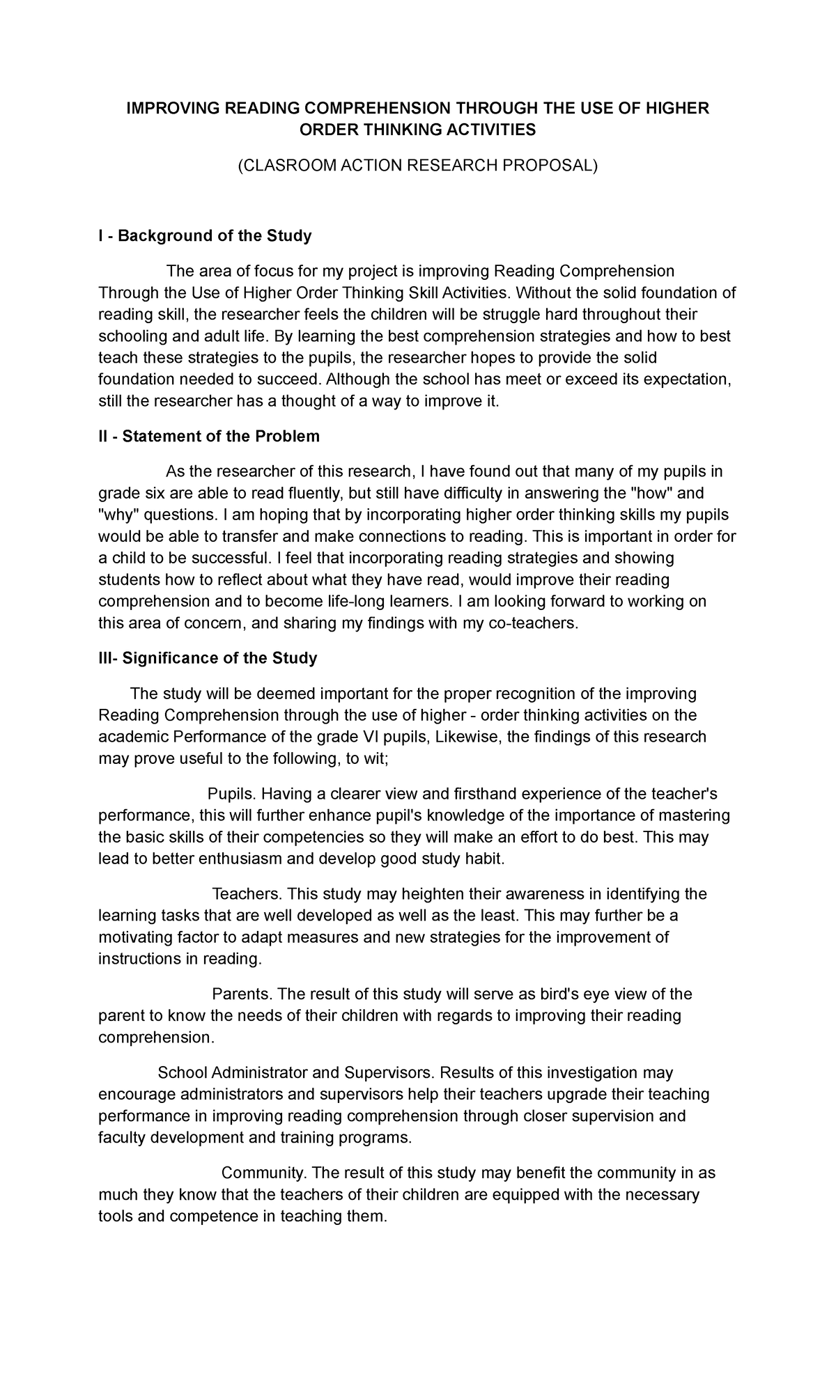 Action Research Proposal on Reading Comprehension Strategies (CLAS 101 ...