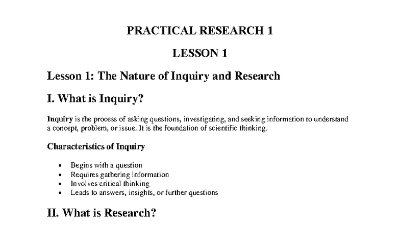 PRACTICAL RESEARCH 1 LESSON 1: Understanding Inquiry and Research - Studocu