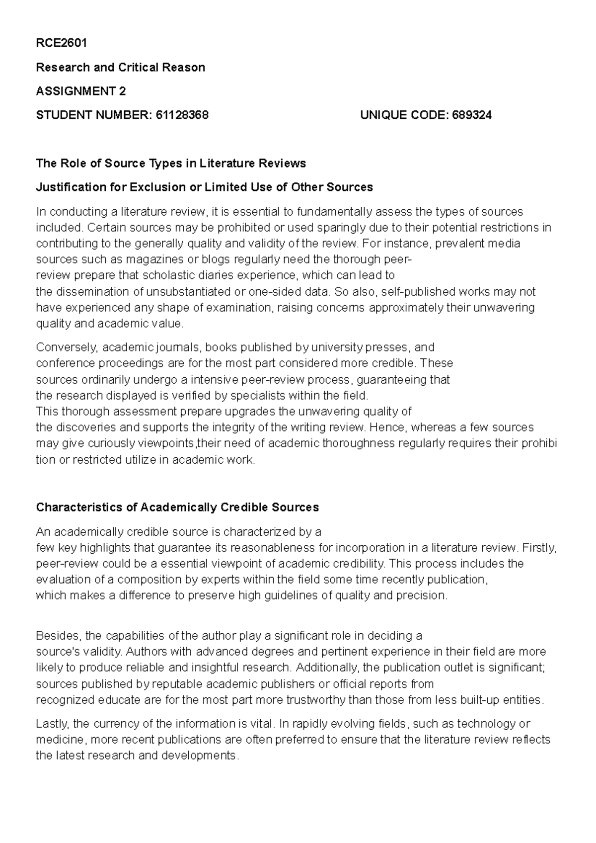 RCE2601 Literature Review Source Types: Exclusion Justifications - Studocu