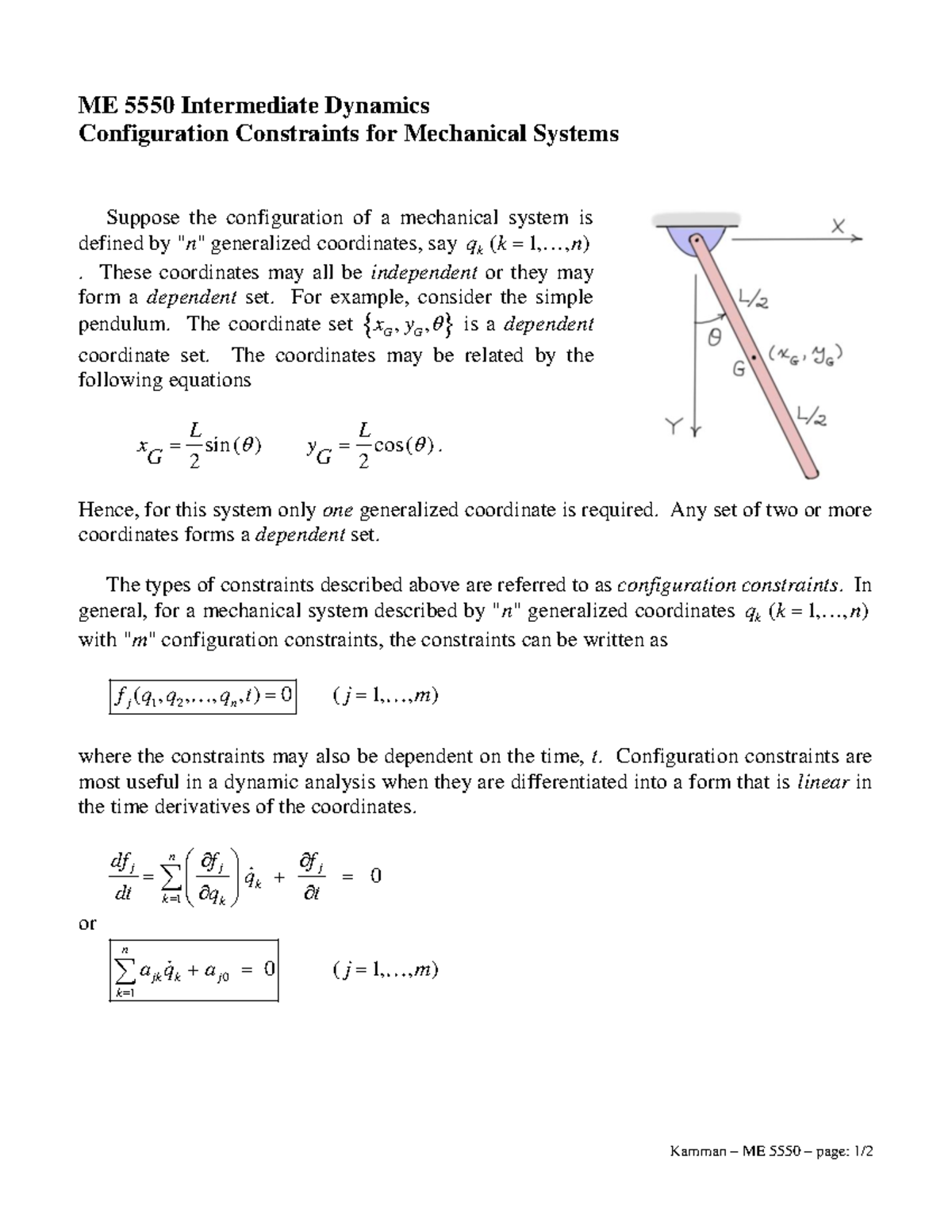 Me555Configuration Constraints - Kamman – ME 5550 – page: 1/ ME 5550 Intermediate Dynamics - Studocu
