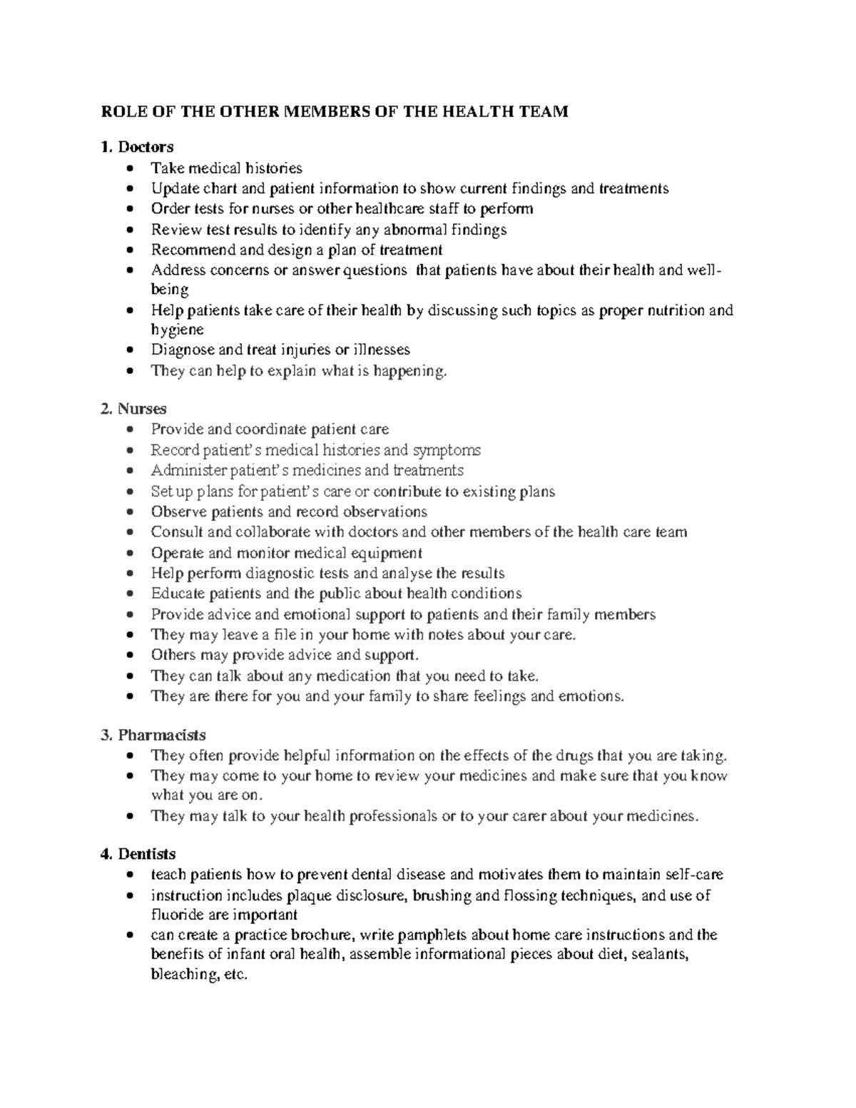Roles of HCT Team Members in Health Education and Patient Care - Studocu
