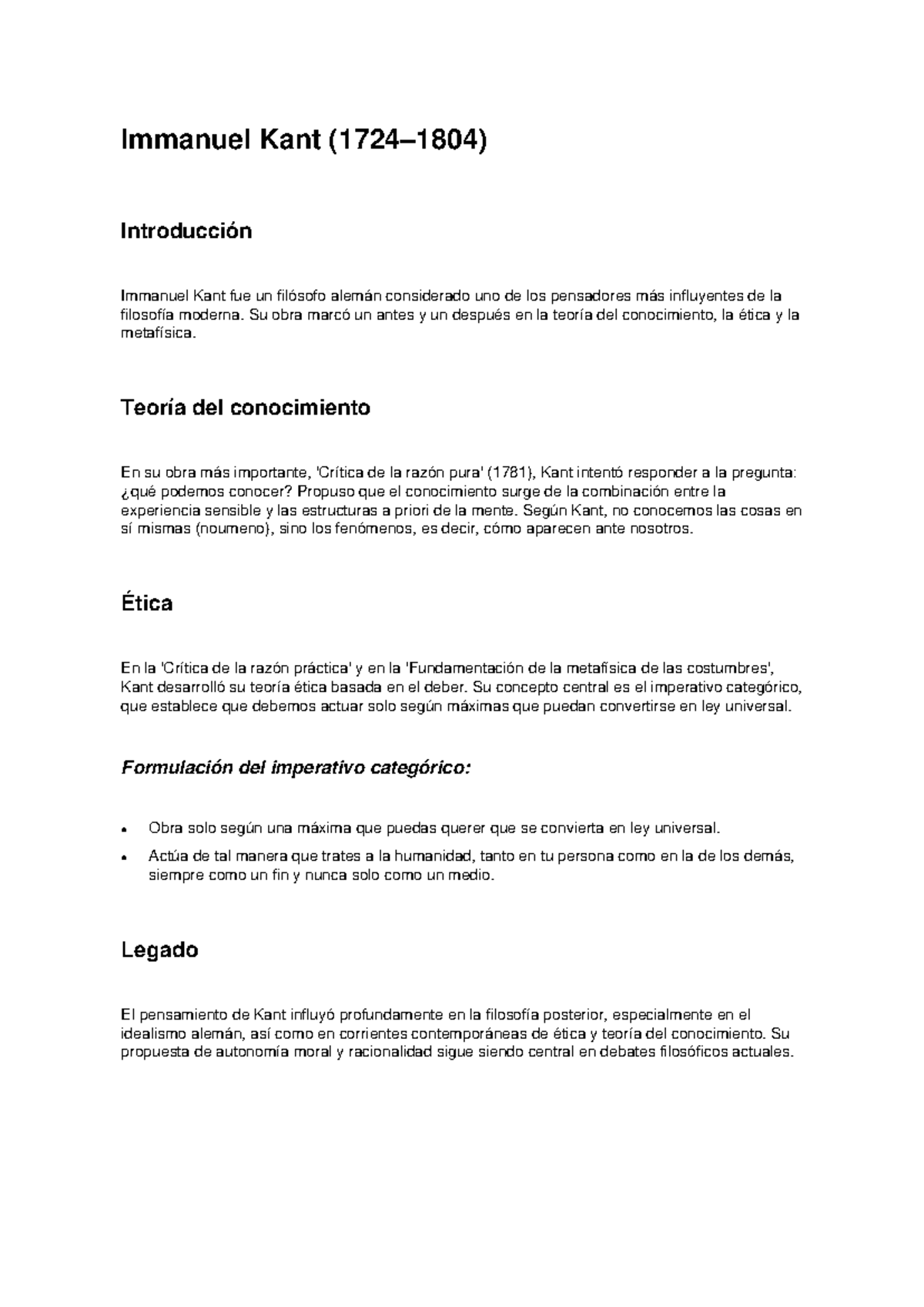 Immanuel Kant: Introducción a su Filosofía y Ética - Studocu