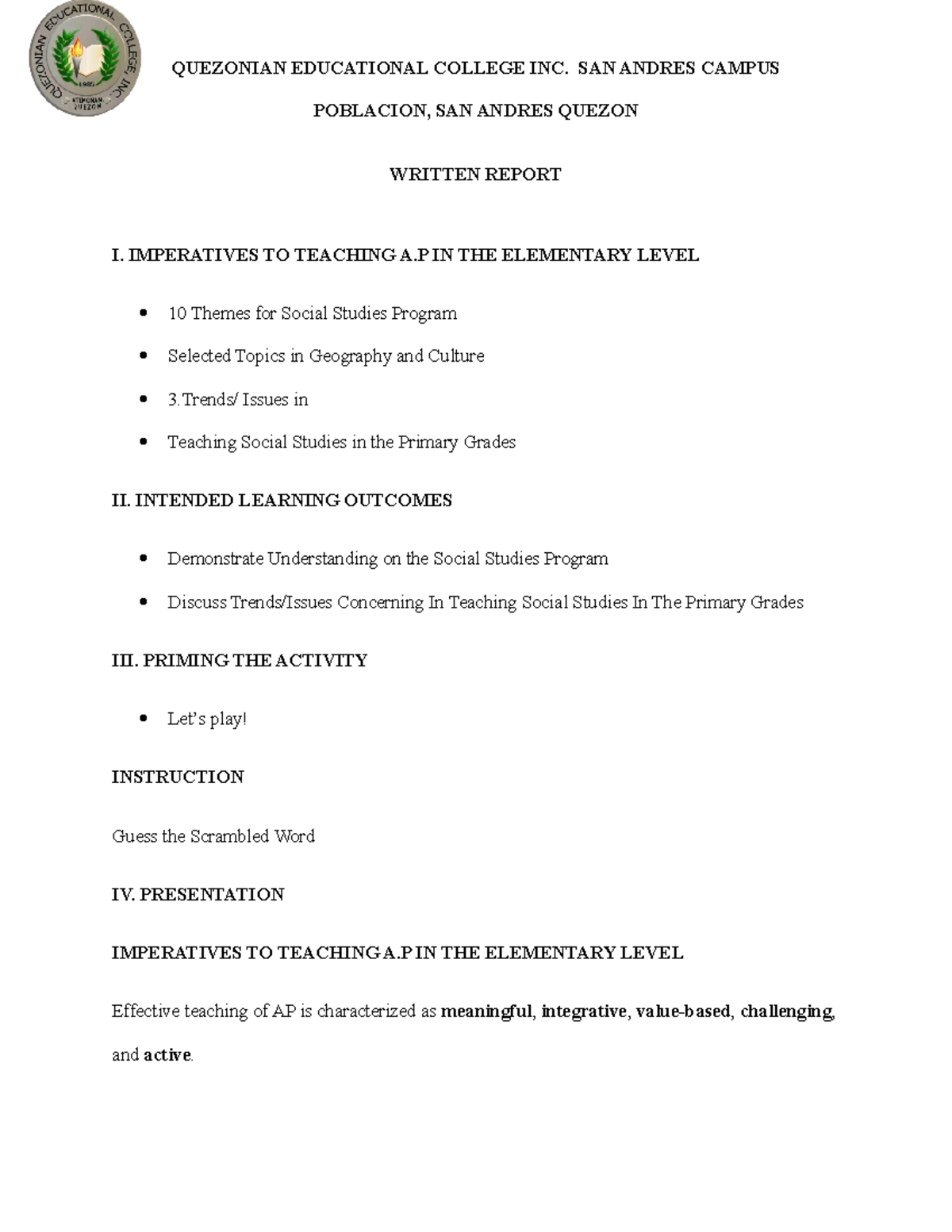 Effective A.P Teaching Strategies for Primary Grades: Written Report ...