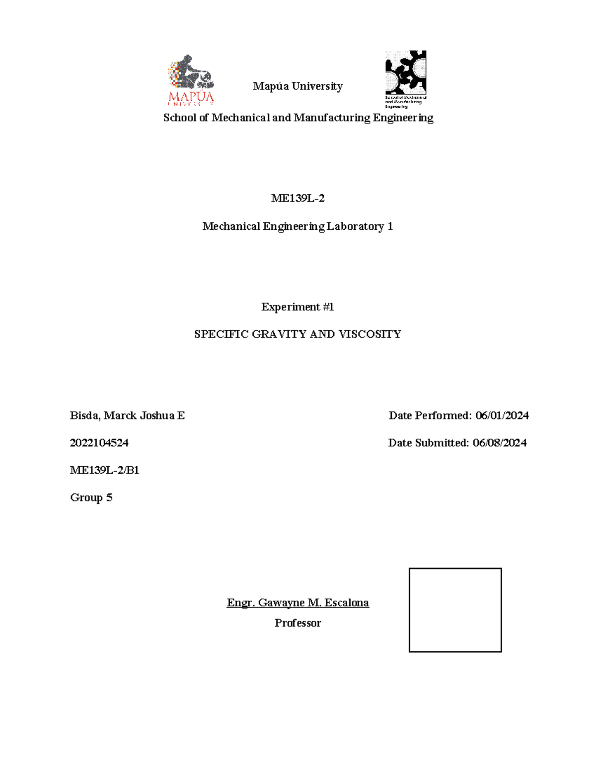 LAB REPORT EXPERIMENT 1 - Mapúa University School of Mechanical and ...