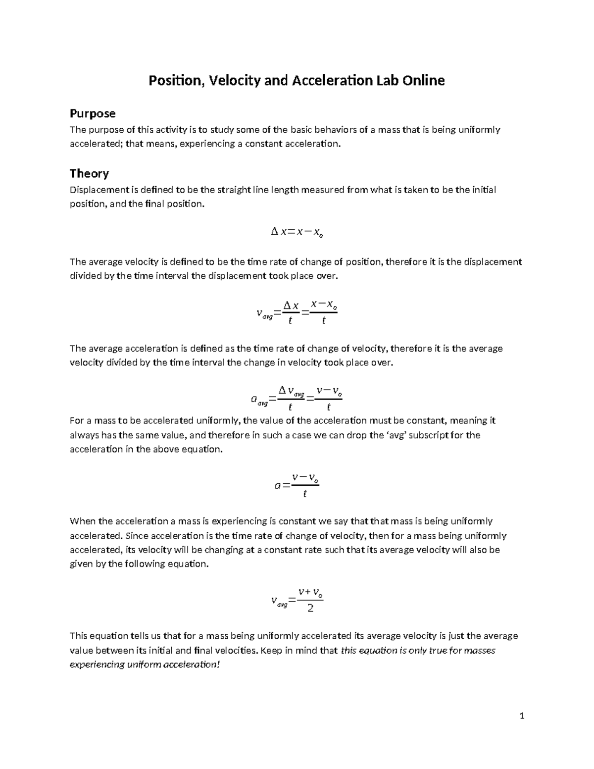 Fall 2023 Position, Velocity, and Acceleration Lab Report - Studocu