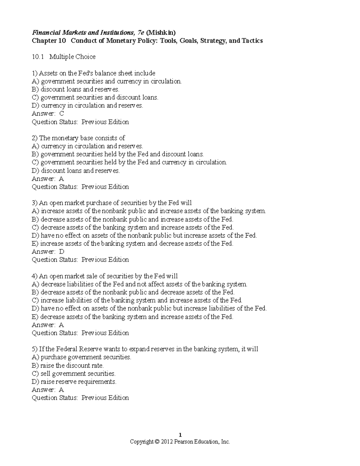 Chapter 10 - Monetary Policy Tools & Strategies Study Guide (MISHKIN ...