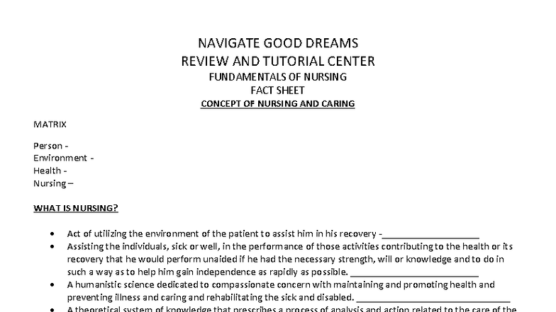 Funda-FACT Sheet: Nursing Concepts & Caring Matrix (NURS 101) - Studocu