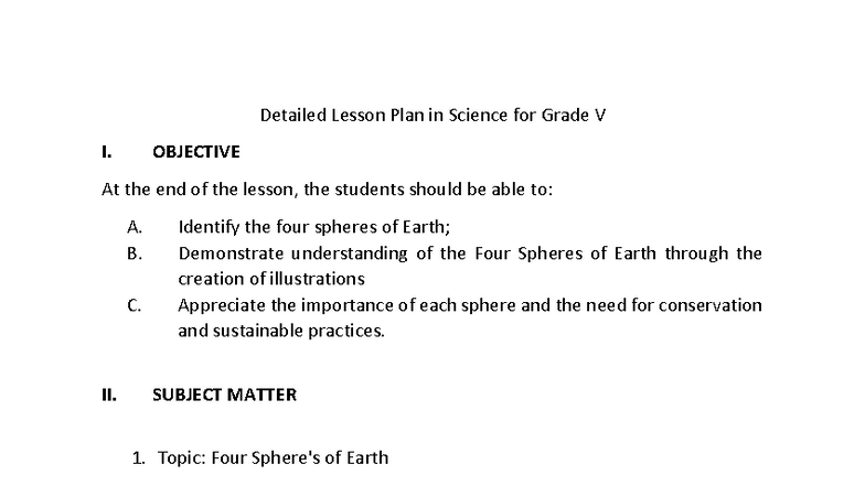 Detailed Lesson Plan: Four Spheres of Earth - Grade V Science - Studocu