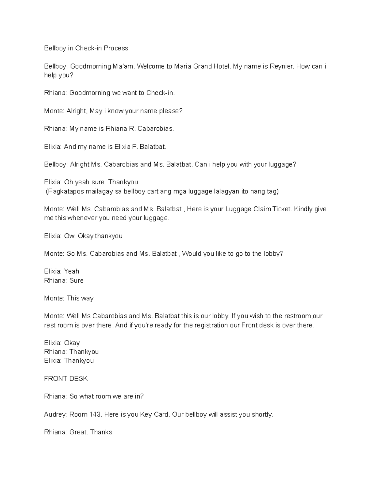 Front Office Services Roleplay: Check-in with Bellboy Script - Studocu