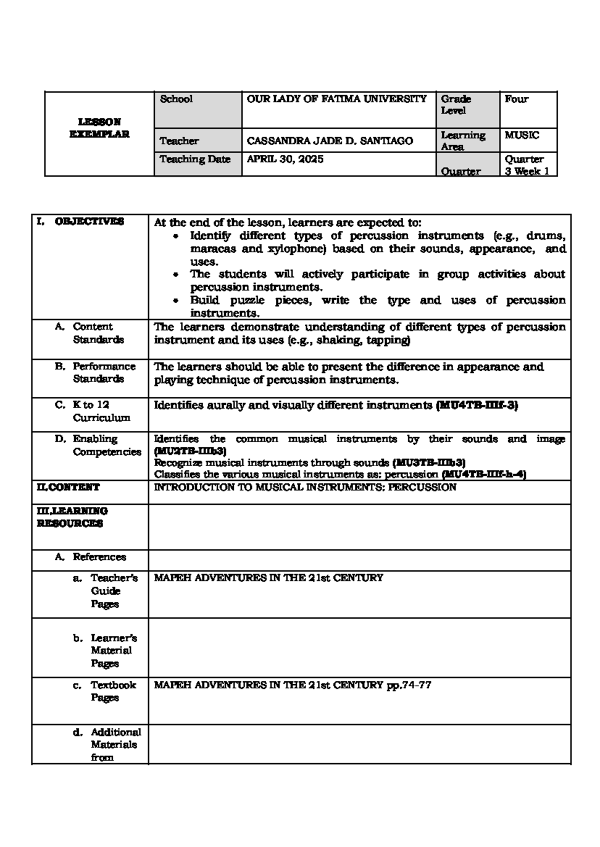 Percussion Instruments Lesson Plan (MUSIC 4Q) - Week 1 Activities - Studocu