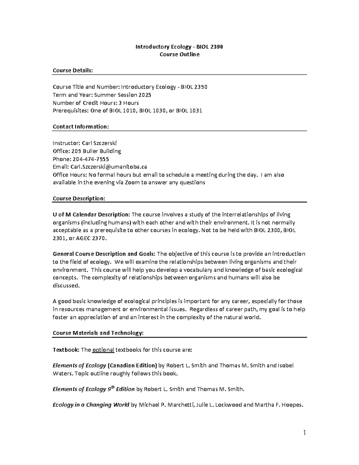 Introductory Ecology BIOL 2390 Course Outline - Summer 2025 - Studocu