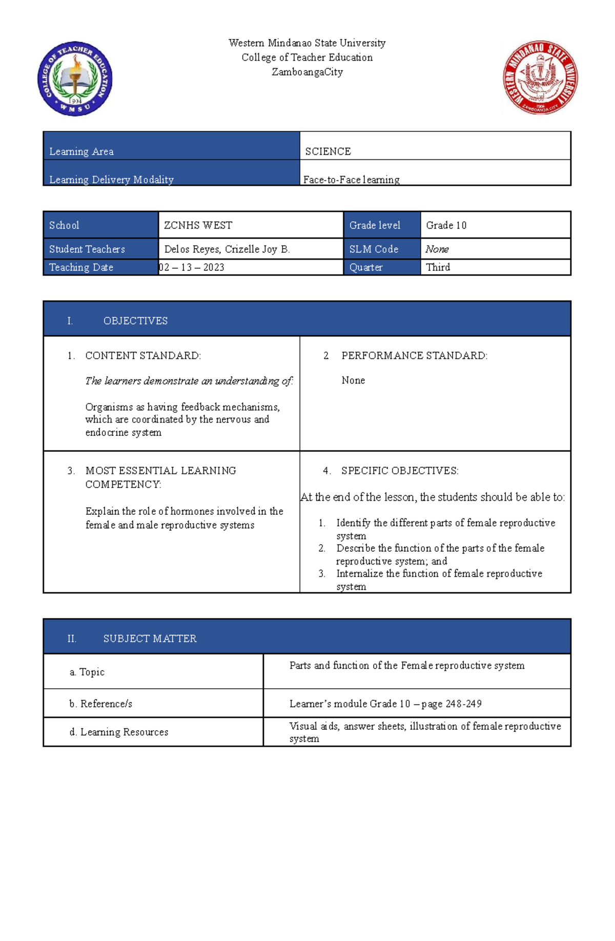 5E Lesson Plan: Female Reproductive System (Grade 10) - Studocu