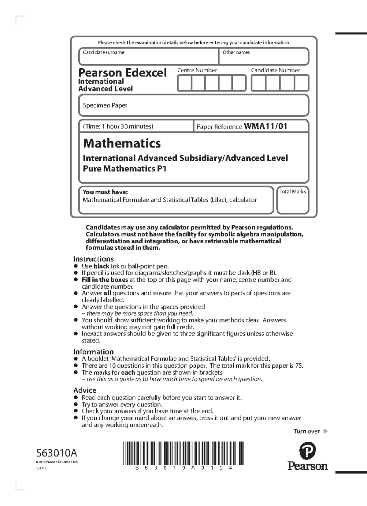 P1 Mathematics International A Level Specimen Paper Exam Details - Studocu