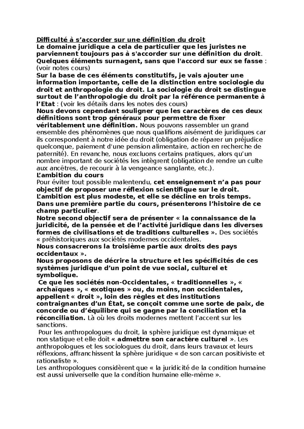 Difficulté à définir le droit : Notes de cours (JUR 101) - Studocu