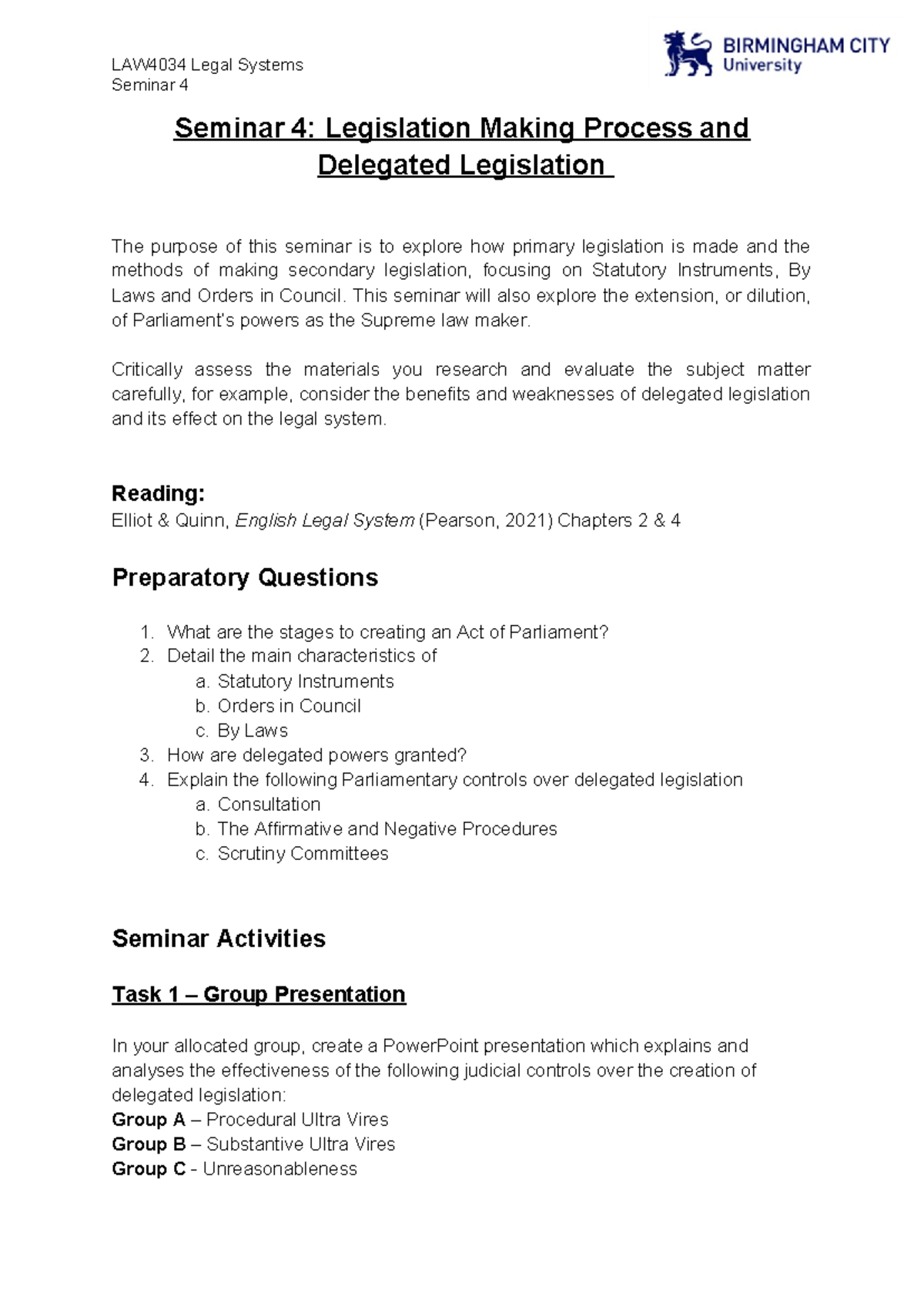 Seminar 4 Delegated Legislation - LAW4034 Legal Systems Seminar 4 ...