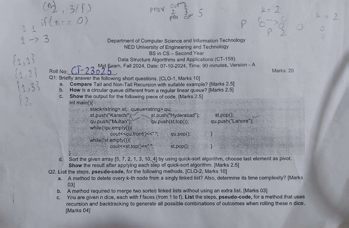 DSA Mid Exam 2024 - Data Structures & Algorithms (BS in CS) - Studocu