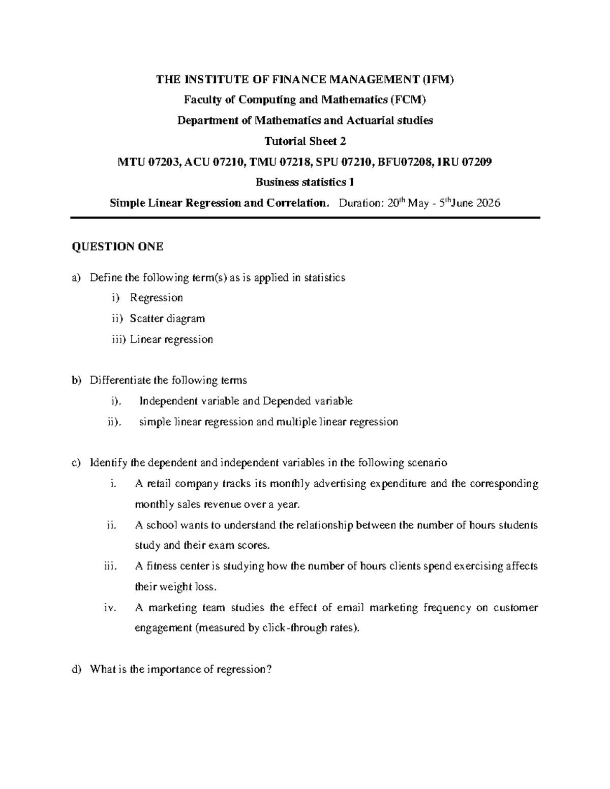 IFM FCM Tutorial Sheet 2: Business Statistics 1 - Regression ...