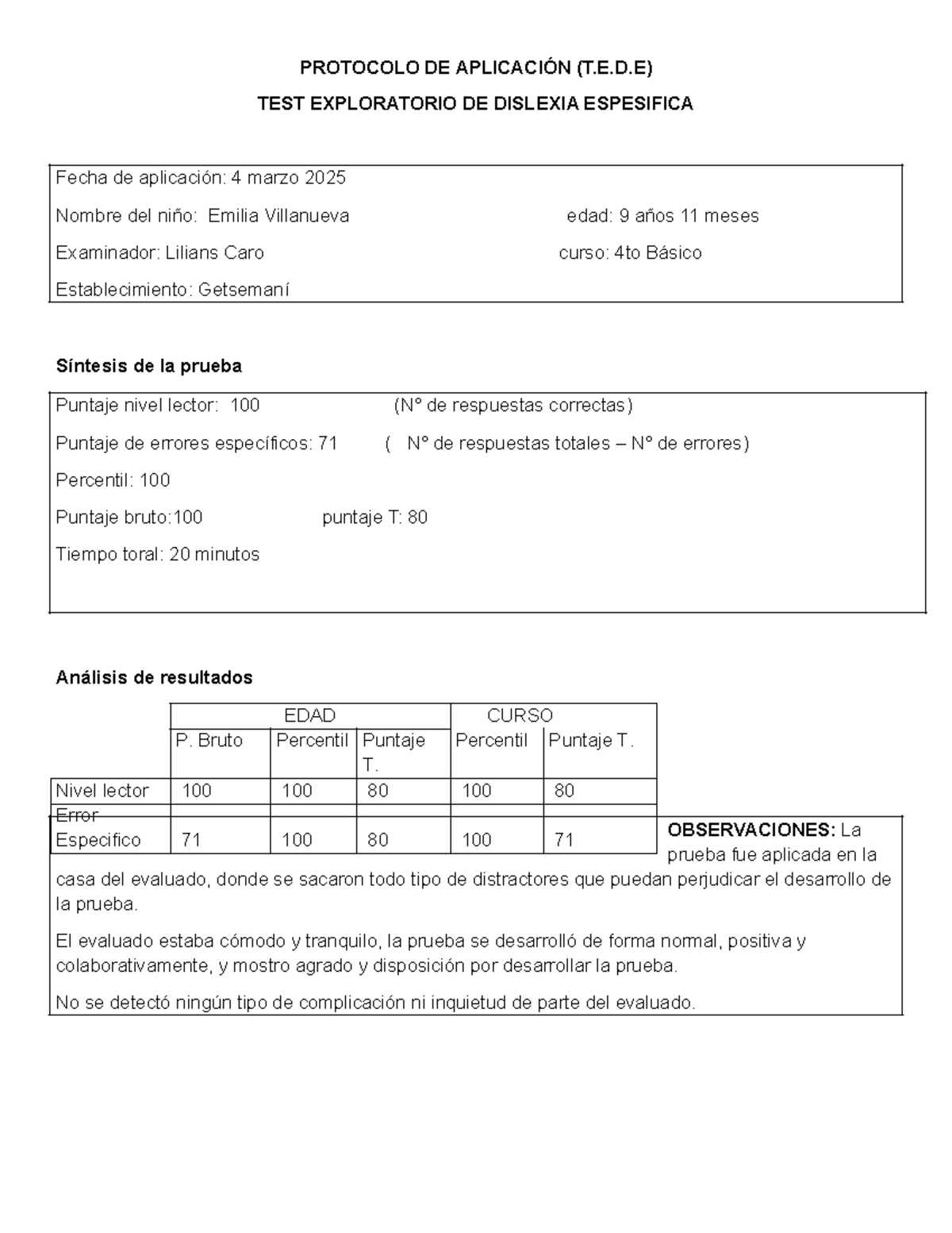Prueba de Dislexia Específica - T.E.D: Resultados de Emilia Villanueva ...