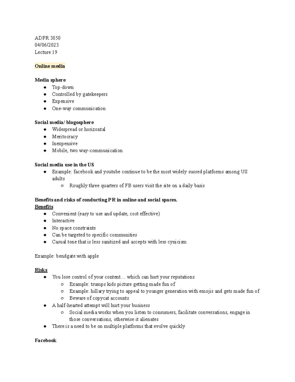 ADPR Lecture 19 - NOTES - ADPR 3850 04/06/ Lecture 19 Online media ...