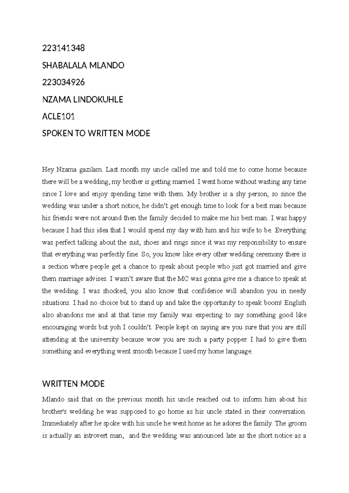 ACLE101 Spoken to Written Mode: Wedding Experience Reflection - Studocu