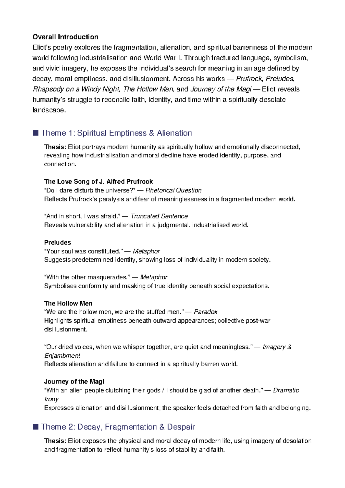 Eliot Palm Cards by Theme: Exploring Modern Alienation and Decay - Studocu