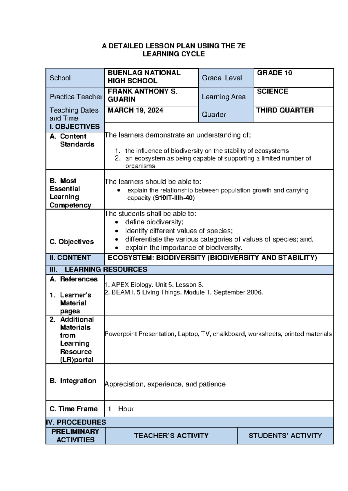 Grade 10 Science Lesson Plan: Biodiversity & Ecosystem Stability - Studocu