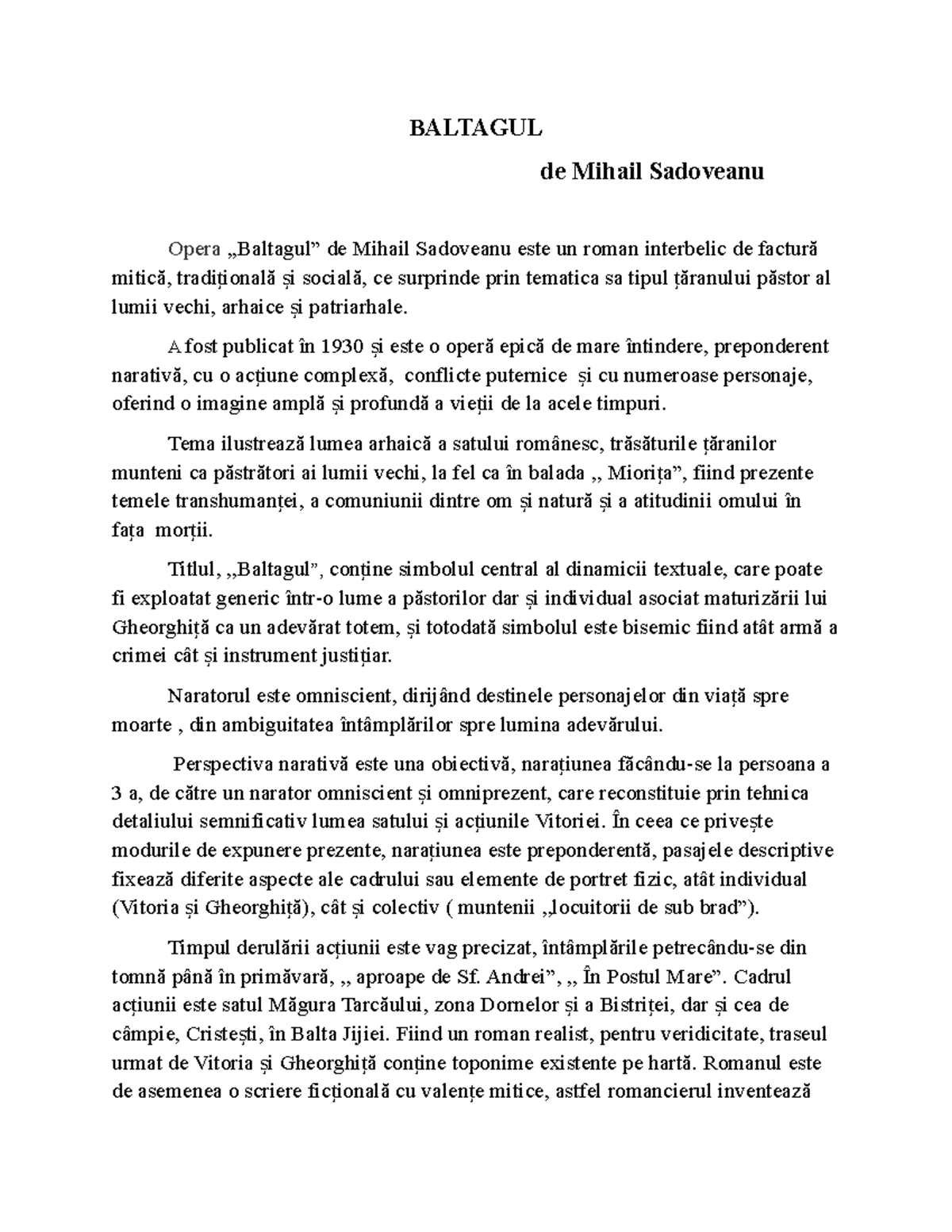 Baltagul - Eseu Bacalaureat (Bac) - Analiză și Interpretare - Studocu