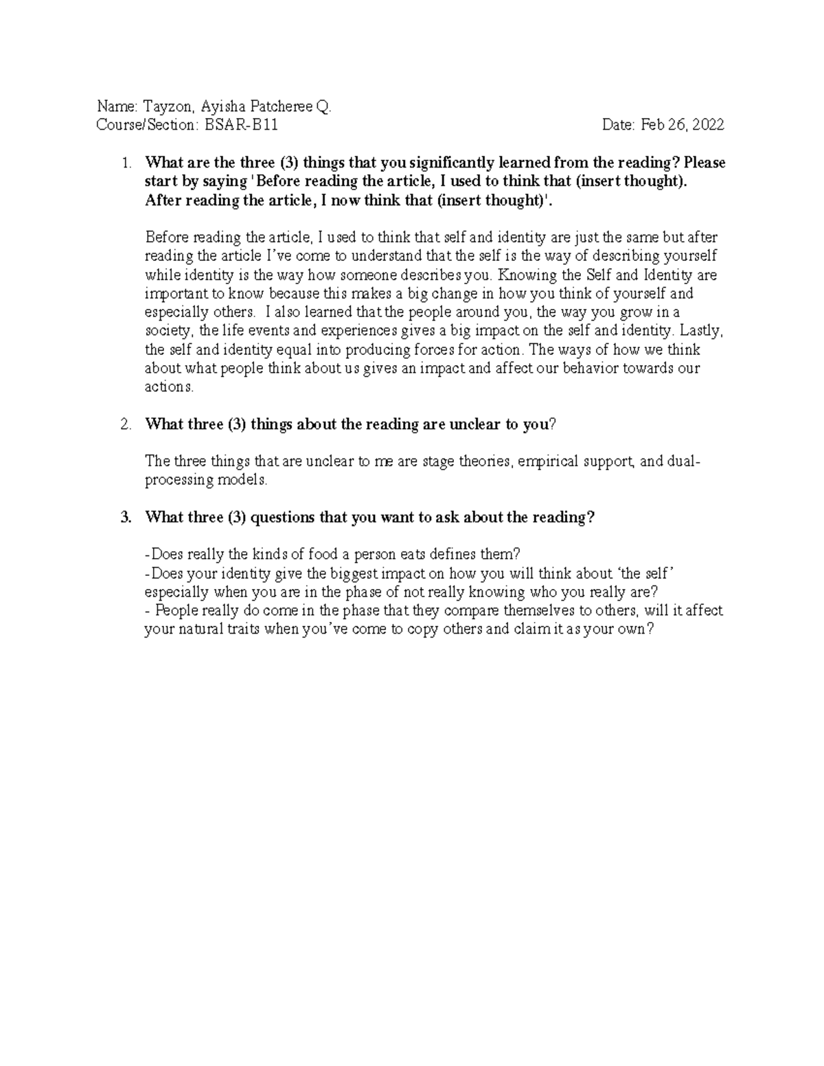 Understanding the Self: Module 1 Reflection - BSAR-B11 - Studocu