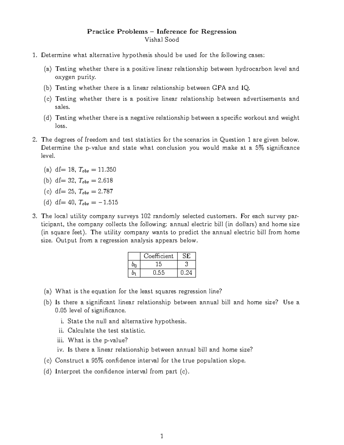 Practice Problems - Inference for Regression - Practice Problems – Inference for Regression ...
