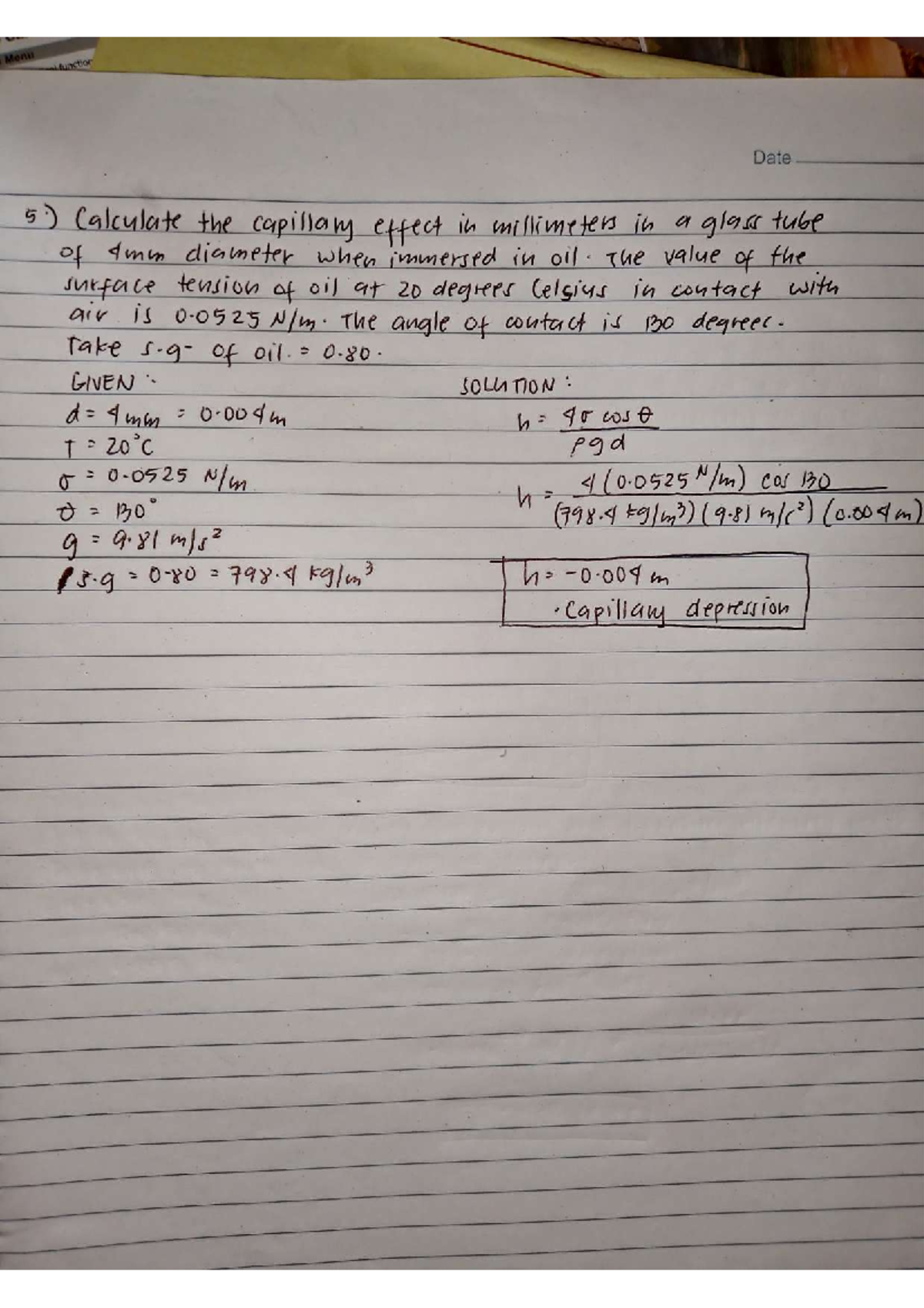 Capillary Effect Calculation in Oil - Problem Set 1000000450 - Studocu