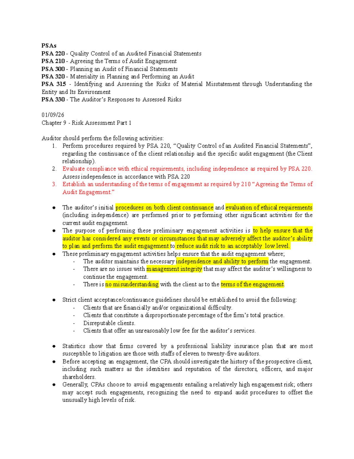 PSA 220, 210, 300, 320, 315, 330: Audit Engagement & Risk Assessment ...