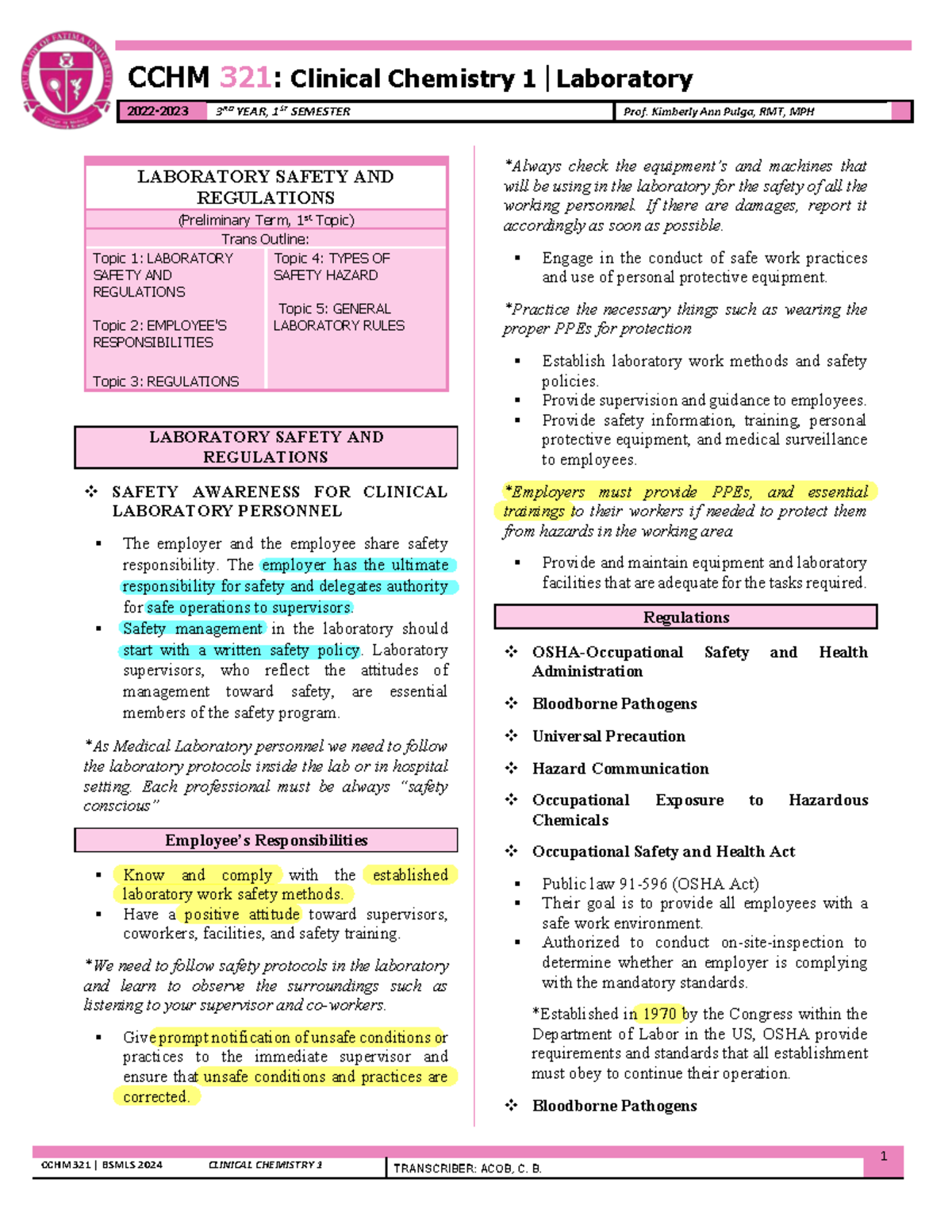 CCHM 321: Clinical Chemistry Laboratory Safety & Regulations Guide ...