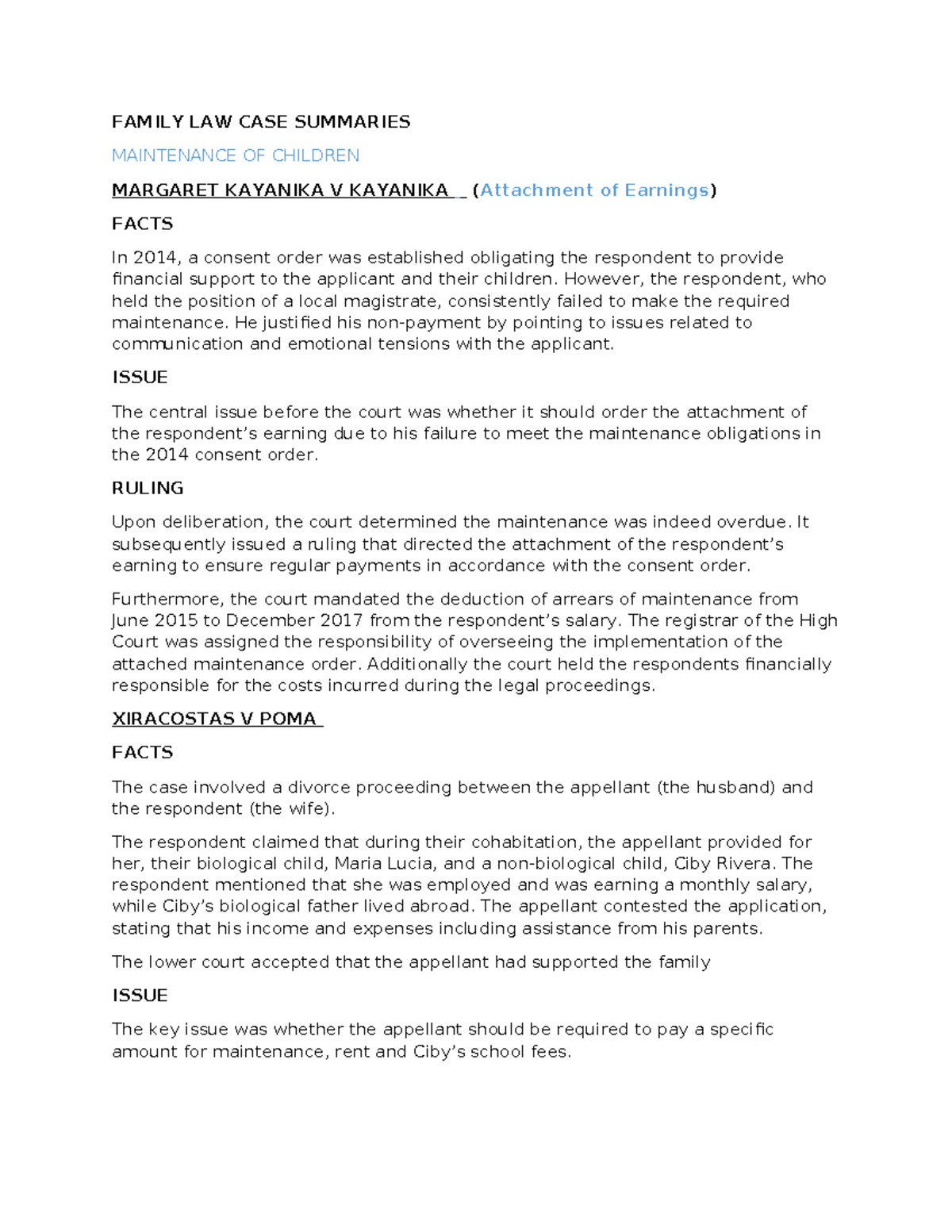 Family Law Case Summaries - Key Maintenance & Custody Rulings - Studocu