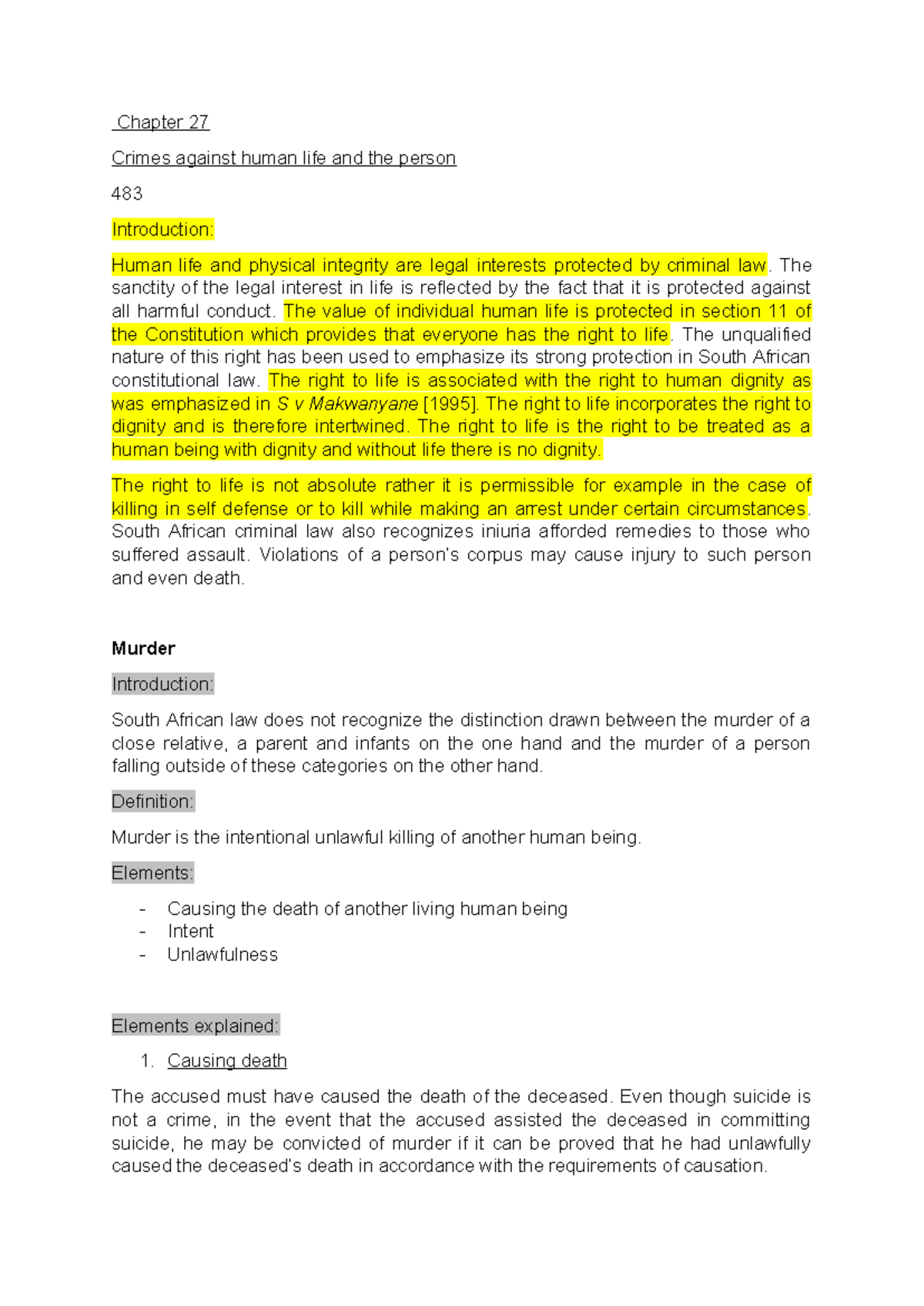 Chapter 27 - Summary of Crimes Against Human Life and Person 483 - Studocu