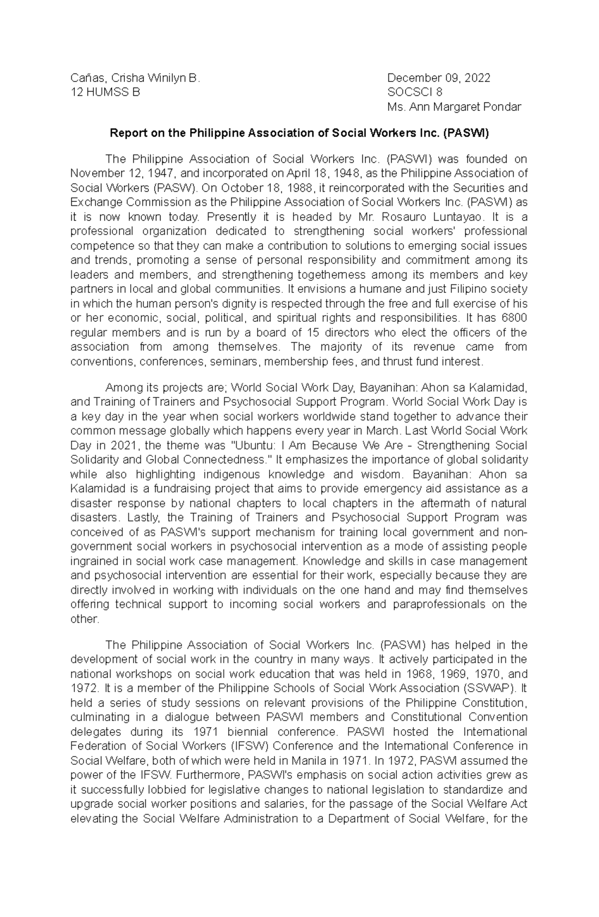 PASWI Report: The Role of the Philippine Association of Social Workers ...