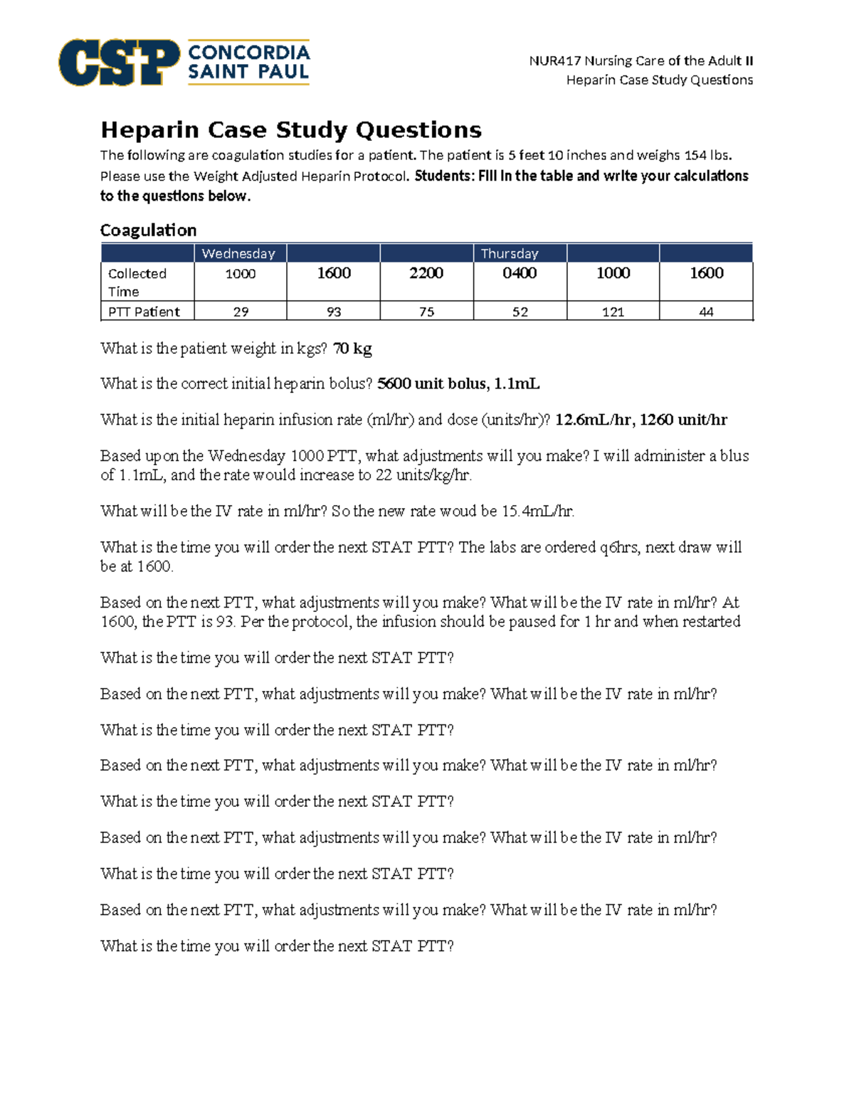 NUR417 Heparin Case Study Questions & Calculations - Studocu