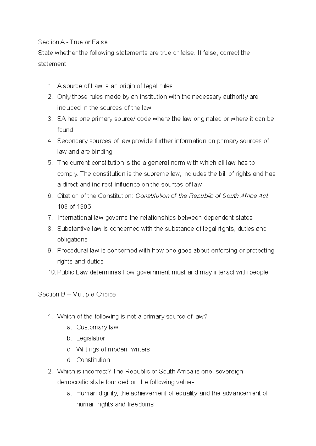 LFSA1500 Practice Quiz: True/False & Multiple Choice Questions - Studocu